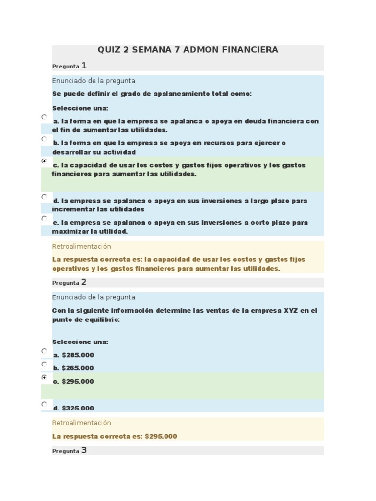 Quiz 2 Semana 7 Admon Financiera | PDF | Apalancamiento (Finanzas ...