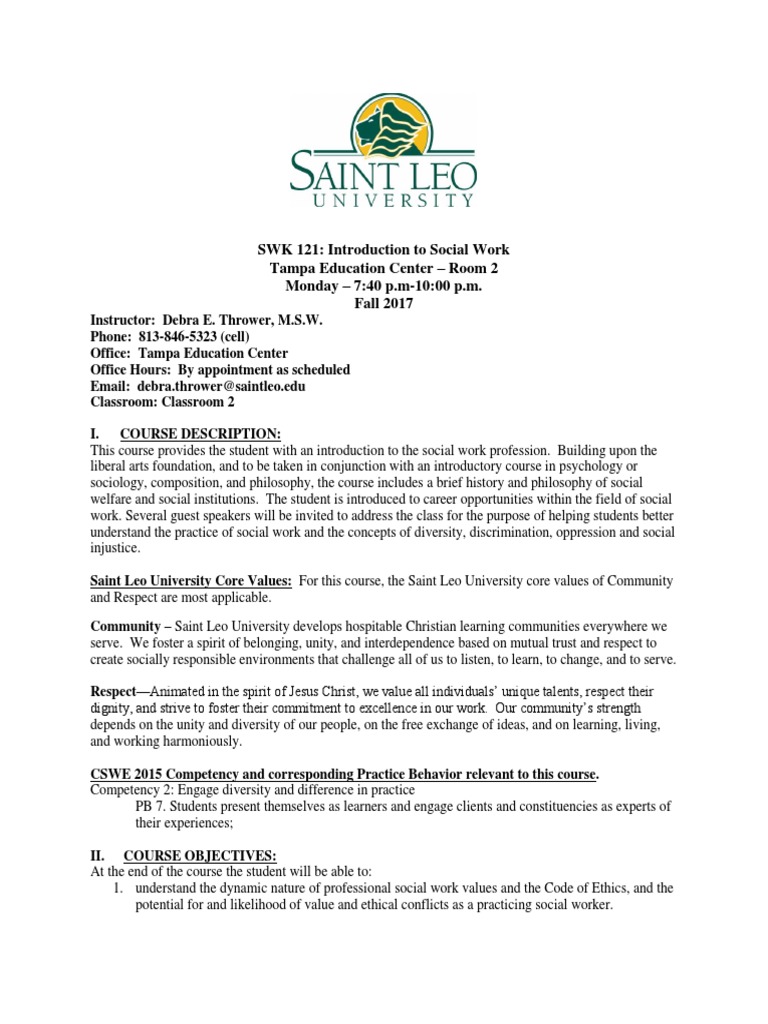 SWK 121 Intro To Social Work Syllabus 8 14 17 | PDF | Social Work ...