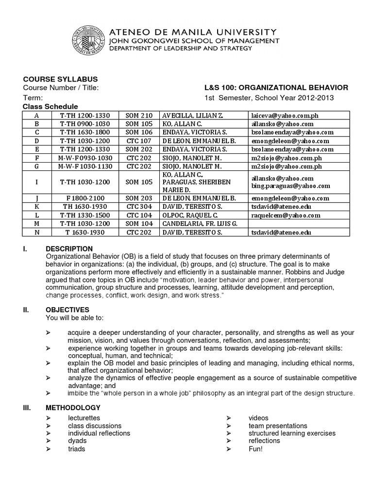 Organizational Behavior Course Syllabus | PDF | Leadership | Motivation