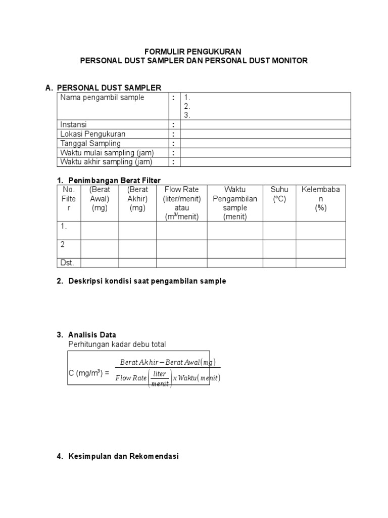 Formulir Pengukuran Personal Dust Sampler Dan Personal Dust Monitor | PDF