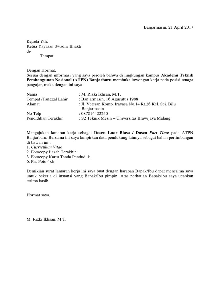 Lamaran Dosen Part Time ATPN | PDF