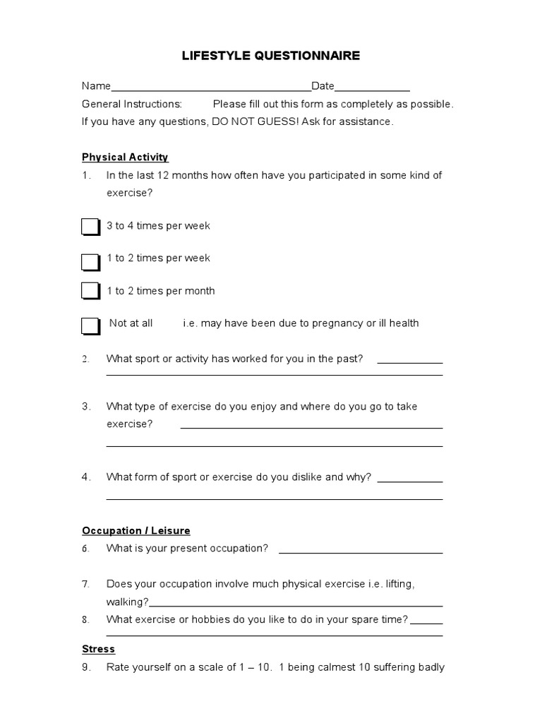 Lifestyle Questionnaire PDF | PDF | Physical Exercise | Dieting