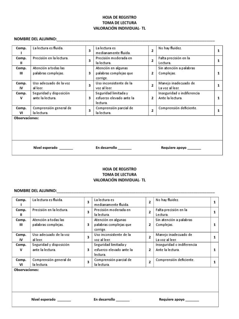 Hoja de Registro Lectura, Escritura y Mat. | PDF | Lectura (proceso ...