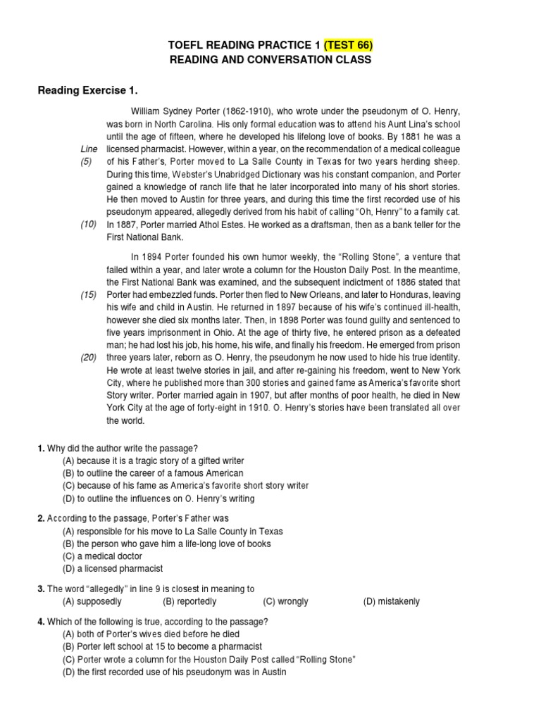 TOEFL Reading Practice Test 66 | PDF | O. Henry | Democracy In America