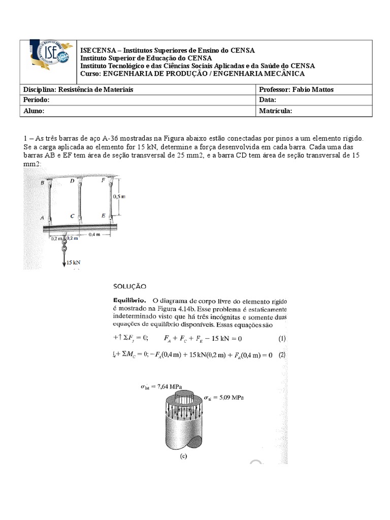 Lista de Resmat - VF | Download grátis PDF | Estresse (Mecânica) | Parafuso