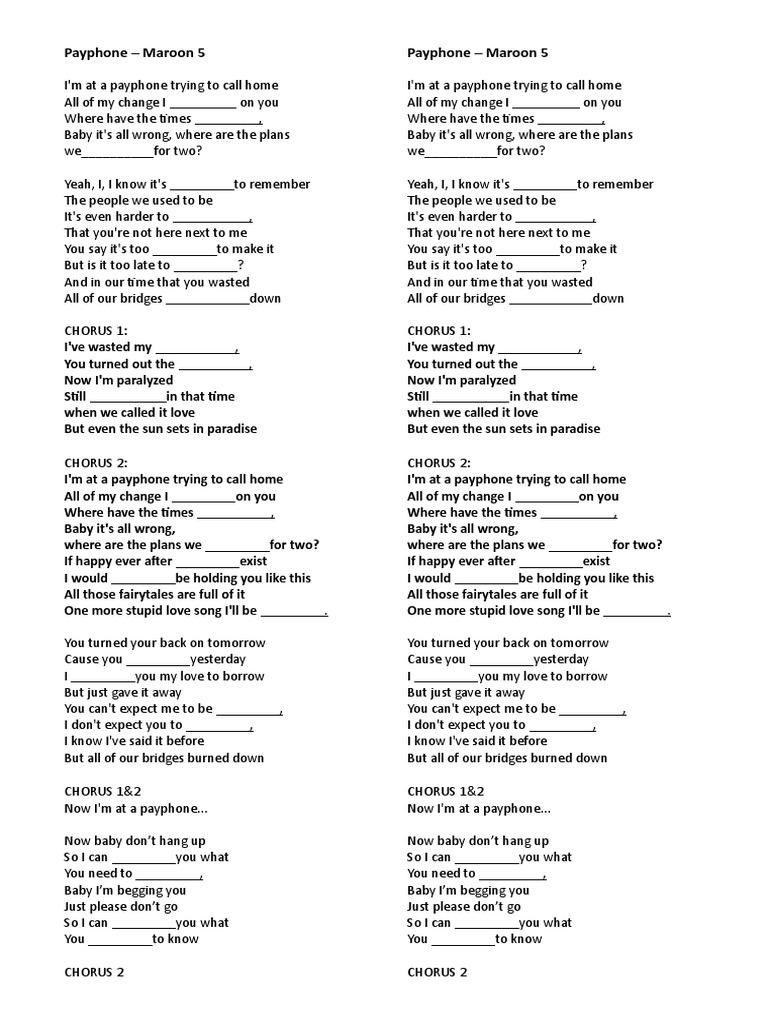 Payphone Lyrics Gaps | PDF | Musical Compositions | Pop Songs