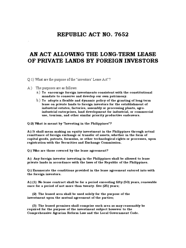 Republic Act No. 7652 | Lease | Investor