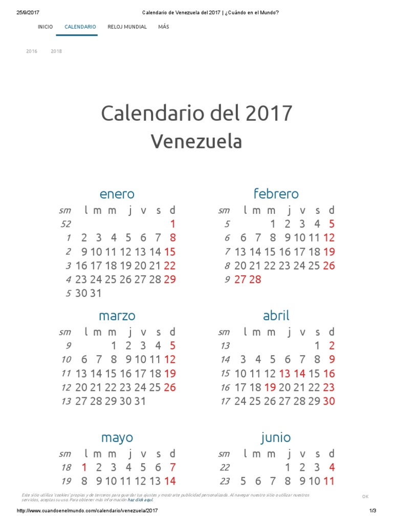 Calendario de Venezuela Del 2017 - ¿Cuándo en El Mundo - PDF | PDF ...