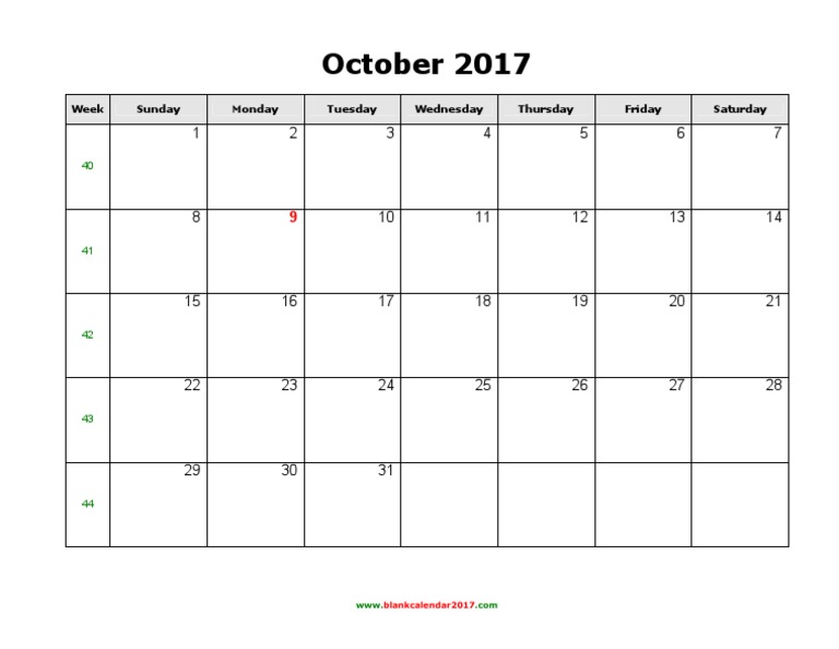 October 2017 Calendar Blank Landscape | PDF