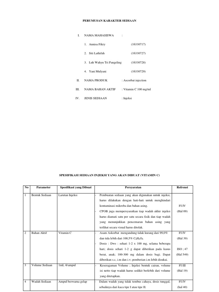 Pra Formulasi Injeksi Vit C | PDF