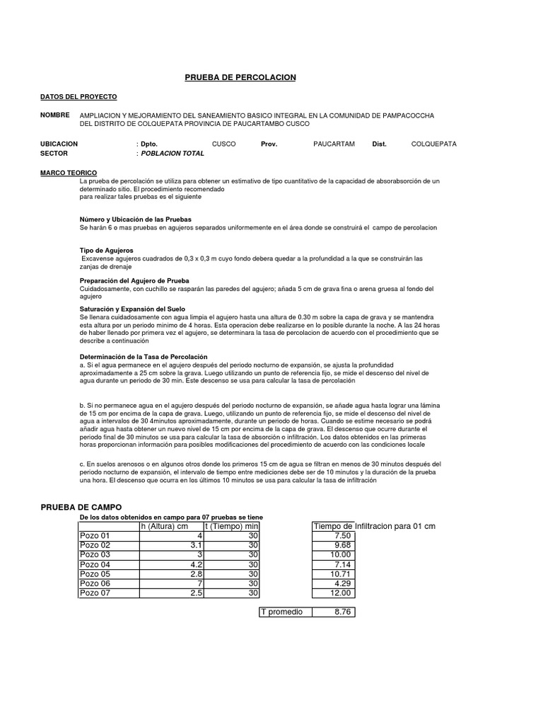 Prueba de Percolacion PDF | PDF | Agua | Naturaleza