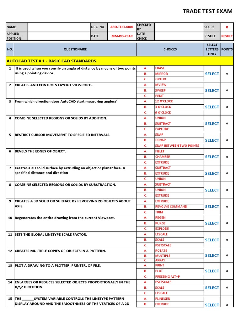 Trade Test Exam: Autocad Test # 1 - Basic Cad Standards | PDF | 3 D ...