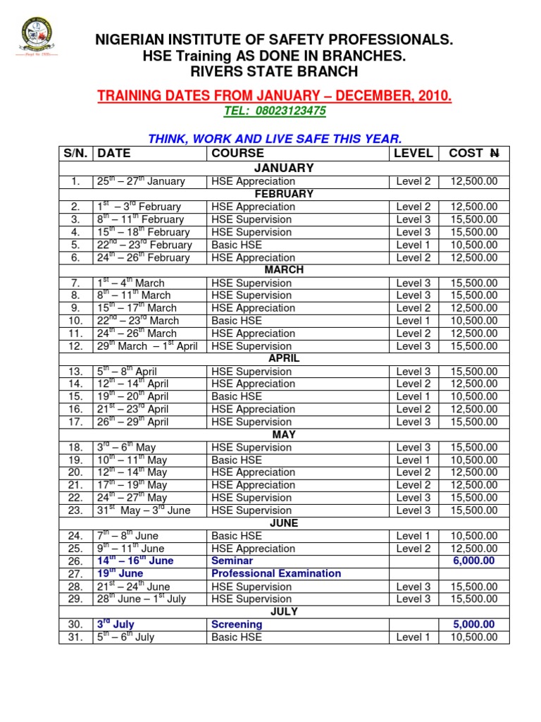 ISPon HSE Training Schedule 2010 | PDF | Nigeria | Occupational Safety ...