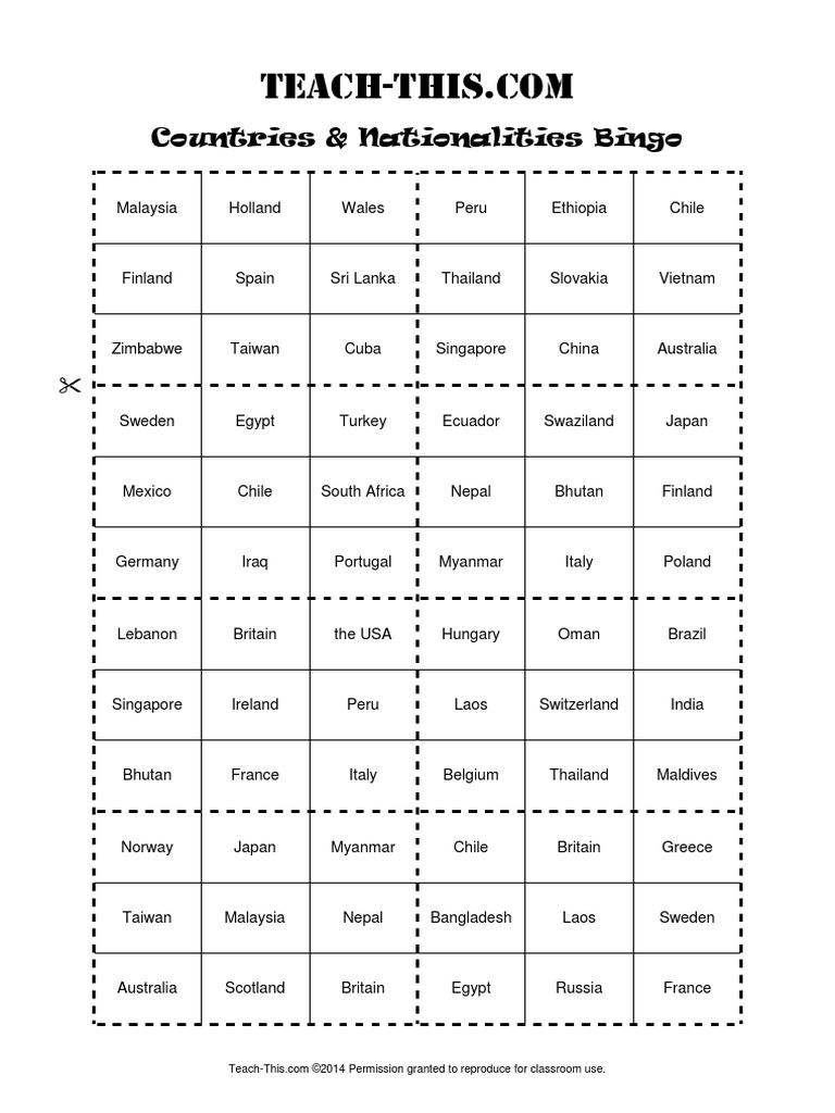 Countries and Nationalities Bingo PDF | PDF | Europe Travel