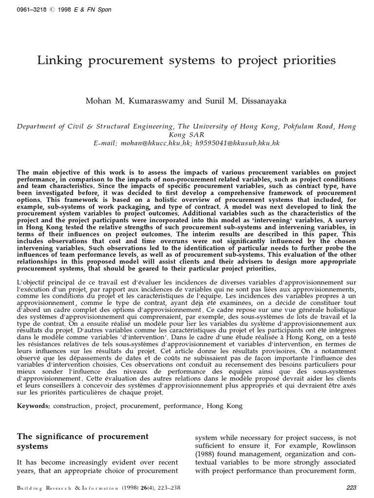Linking Procurement Systems To Project Priorities: Mohan M. Kumaraswamy ...