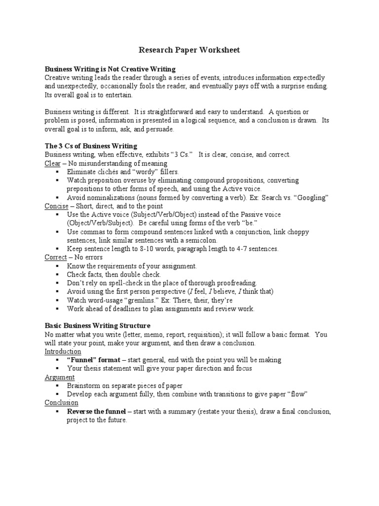 Research Paper Worksheet: Business Writing Is Not Creative Writing ...