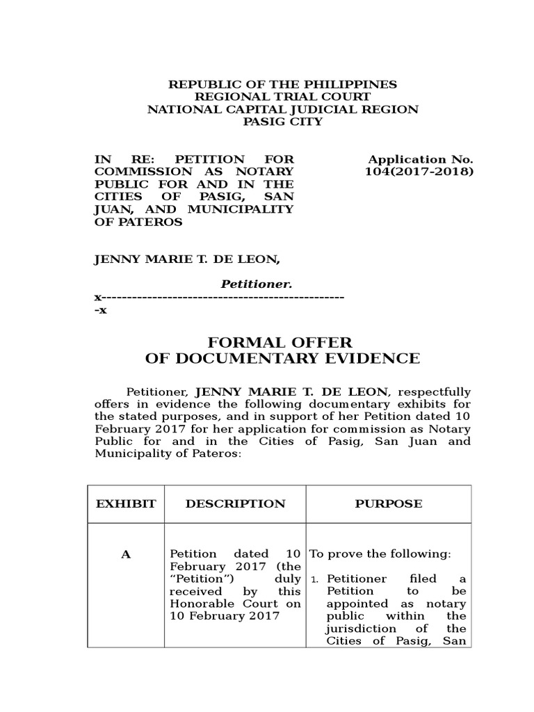 Formal Offer of Evidence - Notarial Commission (JTD) | PDF | Notary ...