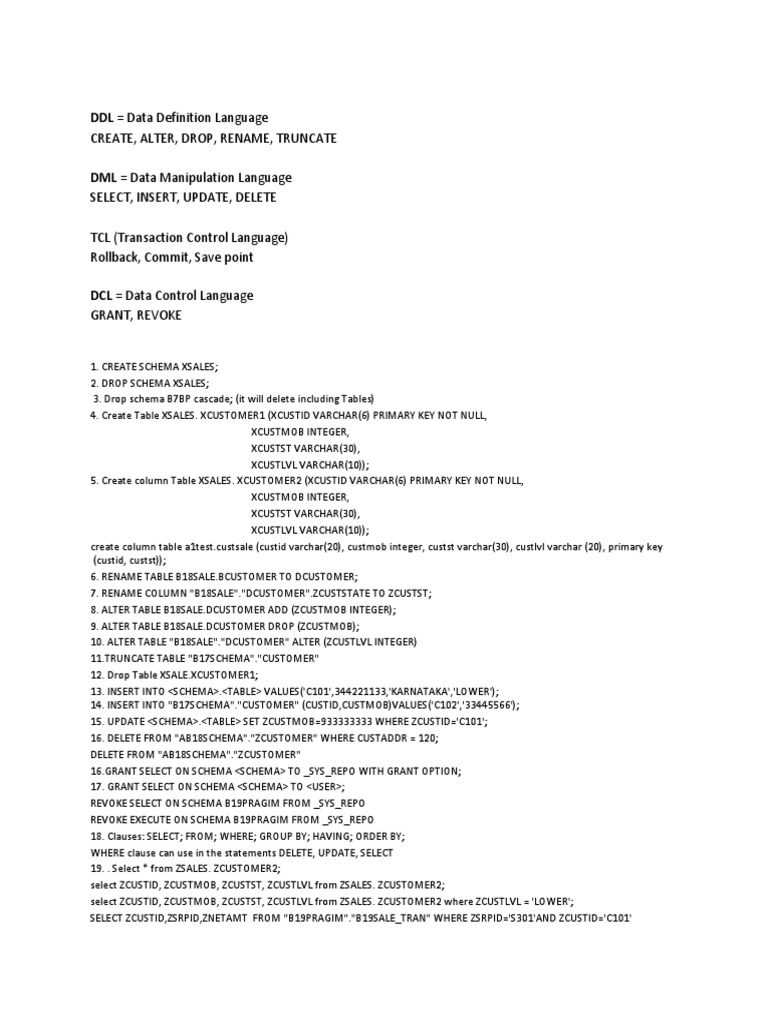 Create Alter Drop Rename Truncate Ddl Data Definition Language Pdf Computer Programming