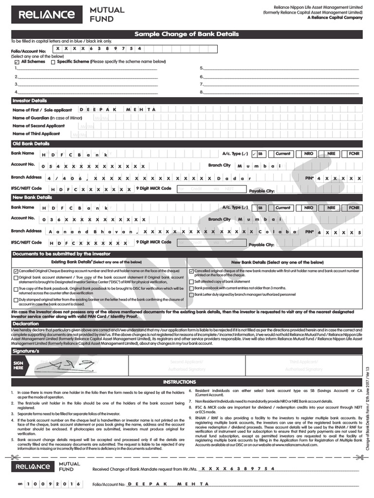 Sample Change of Bank Details Form for Reliance Nippon Life Asset ...