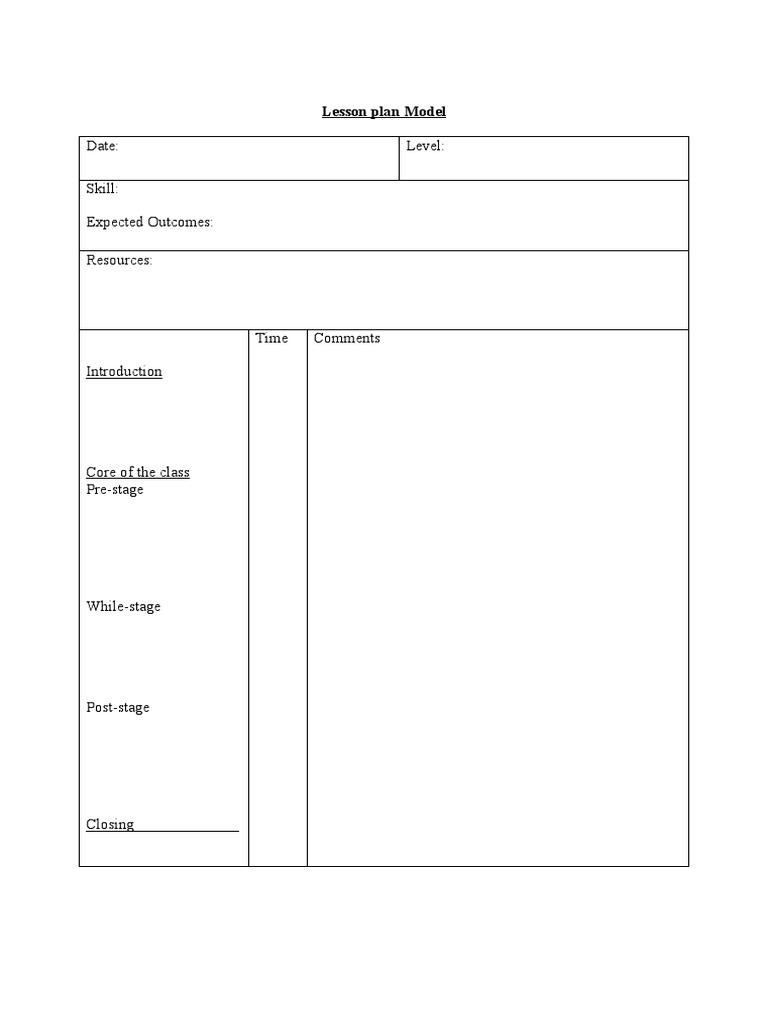 Date: Level: Skill: Expected Outcomes: Resources:: Lesson Plan Model ...