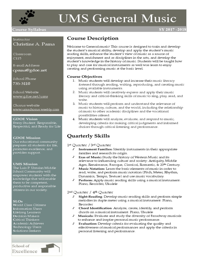 2017-2018 General Music Syllabus Pama C | PDF | Homework | Literacy