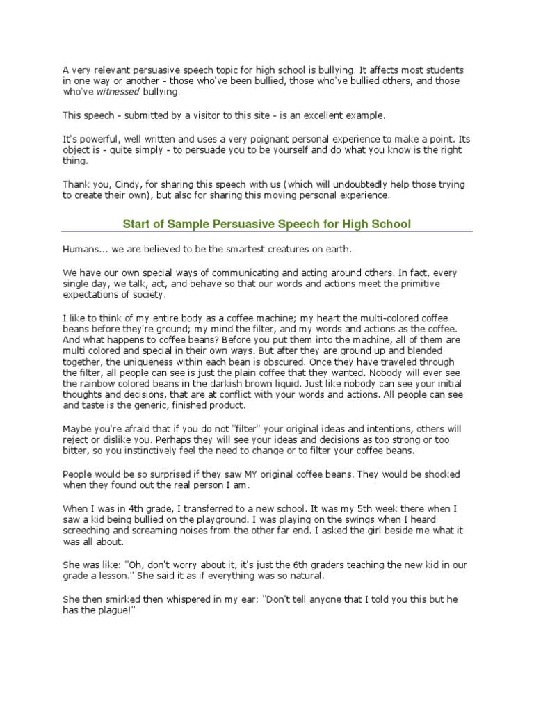 A Very Relevant Persuasive Speech Topic For High School Is Bullying ...