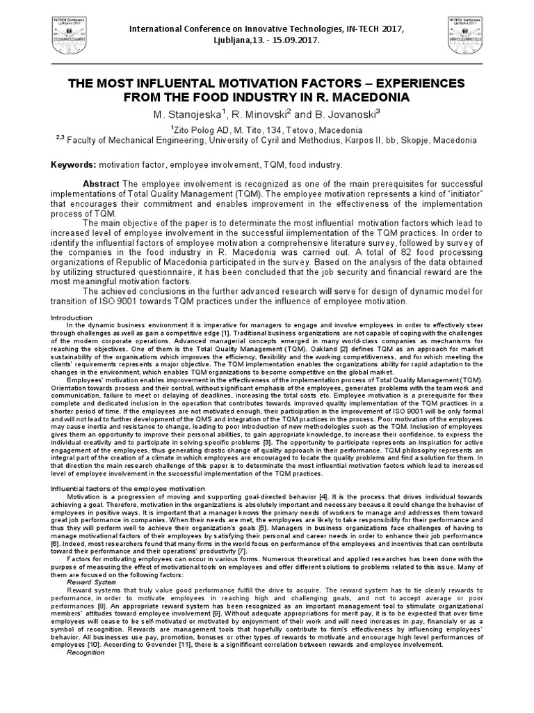 The Most Influental Motivation Factors - Experiences From The Food ...