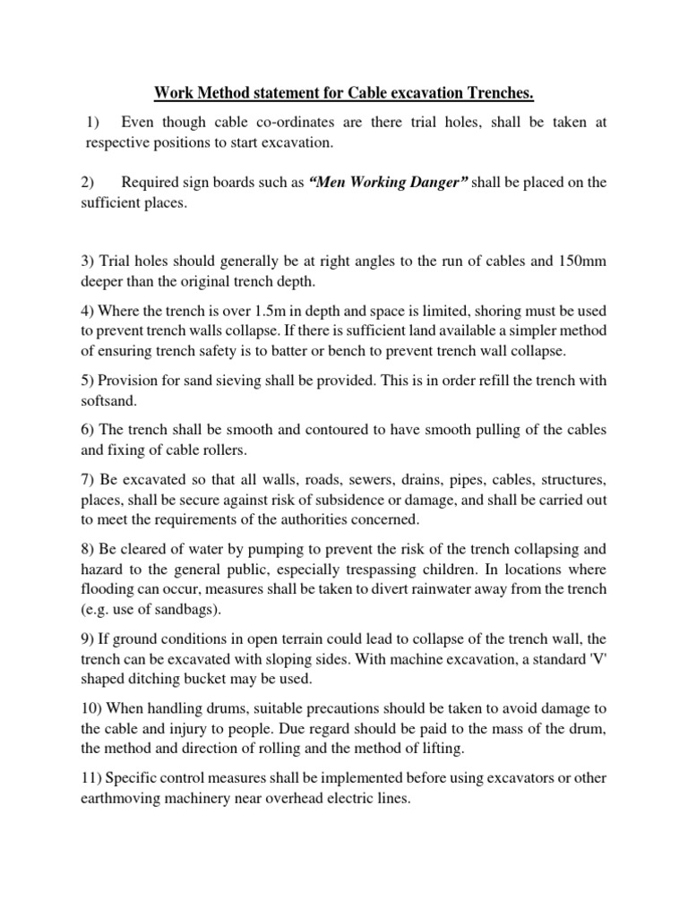 Work Method Statement For Cable Excavation Trenches | Excavation ...