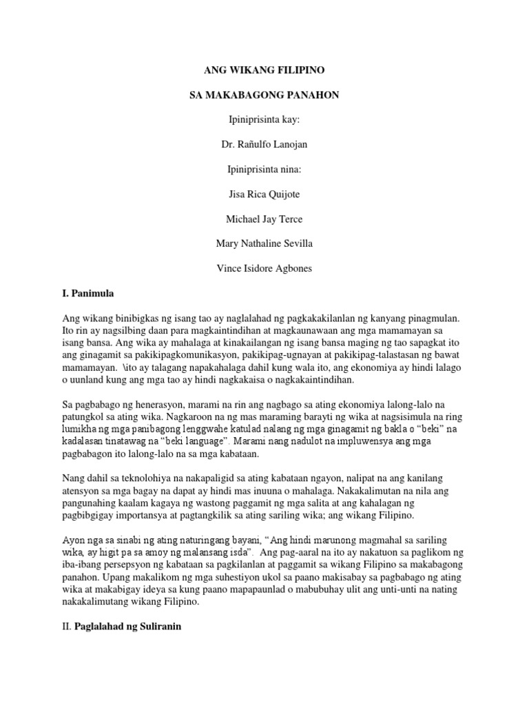 Pananaliksik Sample Pdf