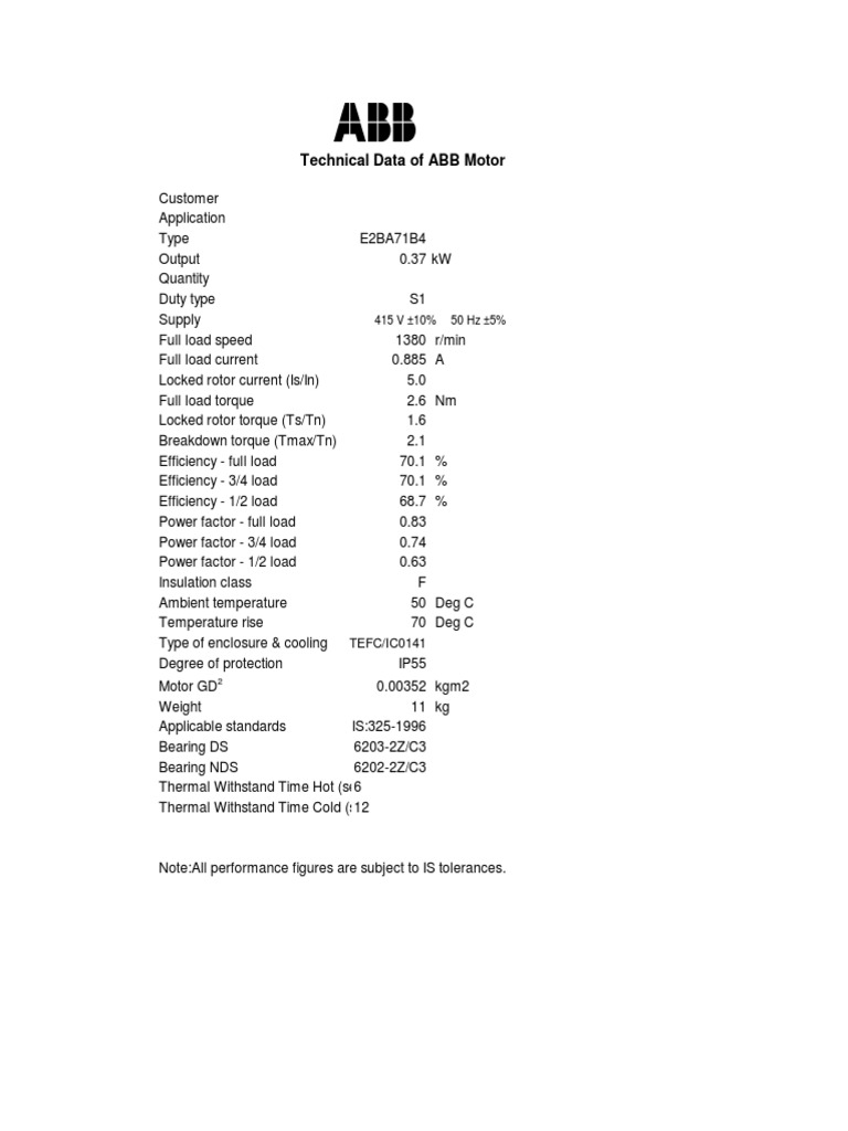 Technical Data of ABB Motor: TEFC/IC0141 | PDF | Electric Motor ...