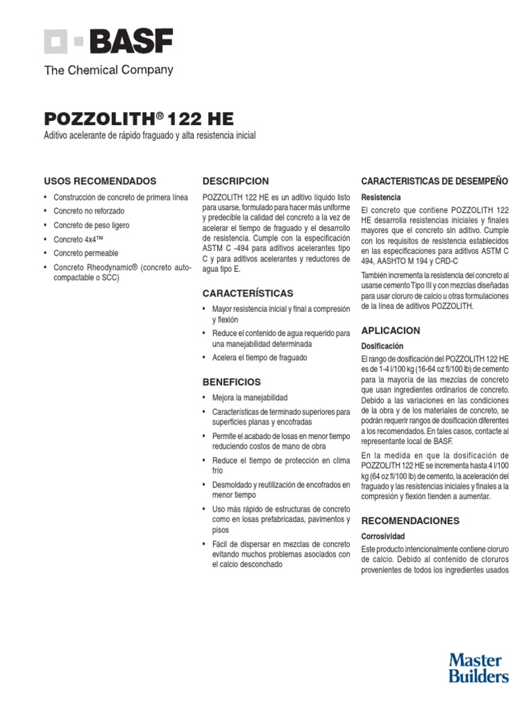 Pozzolith 122 He | PDF | Hormigón | Cemento