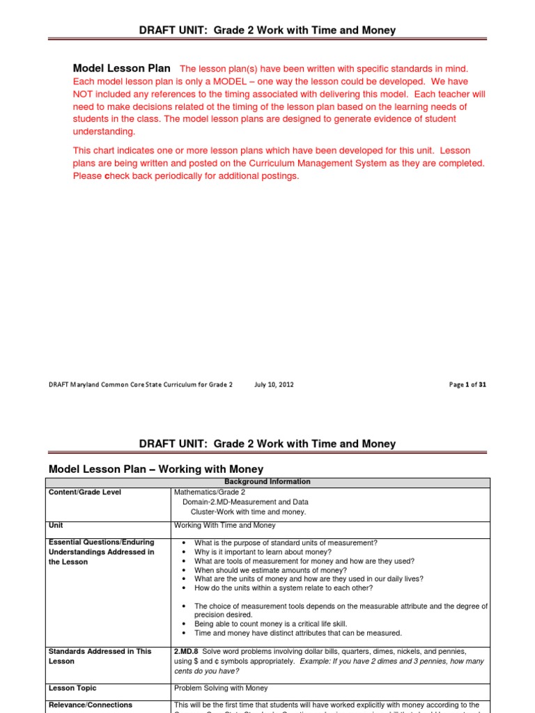 DRAFT UNIT: Grade 2 Work With Time and Money | PDF | Common Core State ...