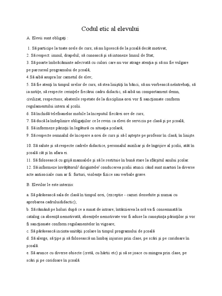 Codul Etic Al Elevului