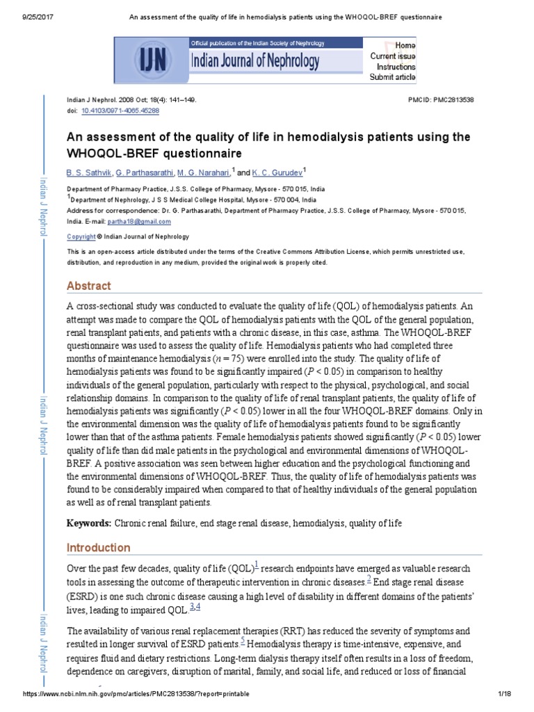 An Assessment of the Quality of Life in Hemodialysis Patients Using the ...