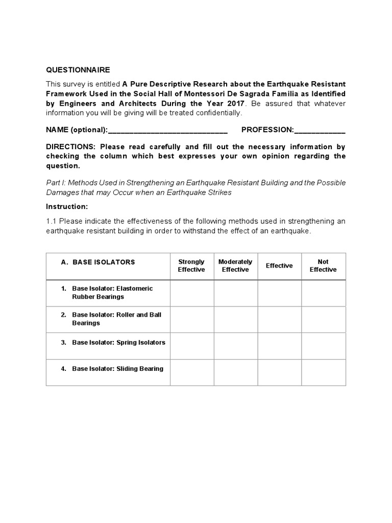 Questionnaire on Earthquake Resistant Building Materials and Structural ...