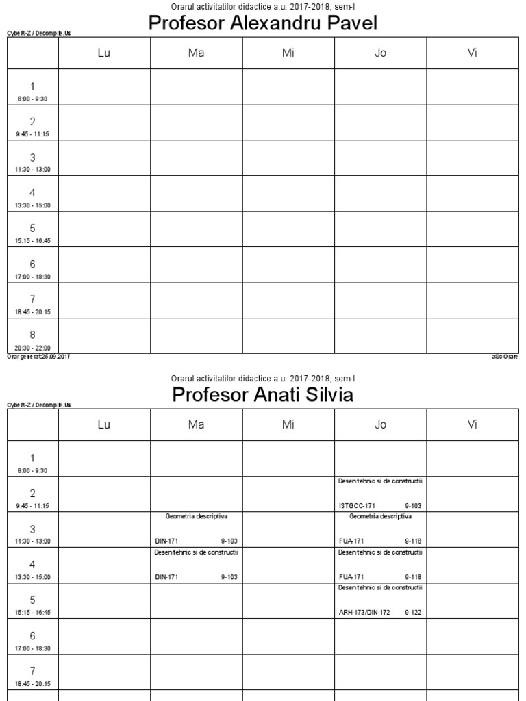Orar FUA 2017 2018 Sem I Profesori | PDF