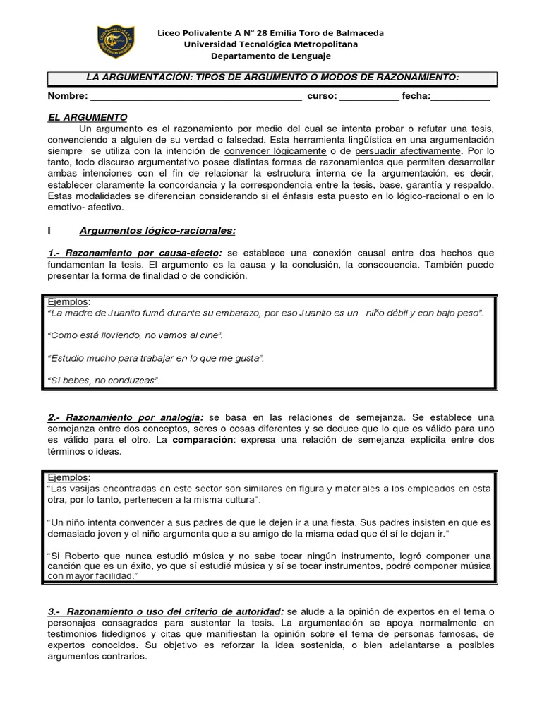 Guía Tipos De Argumento Pdf Teoría De La Argumentación Argumento
