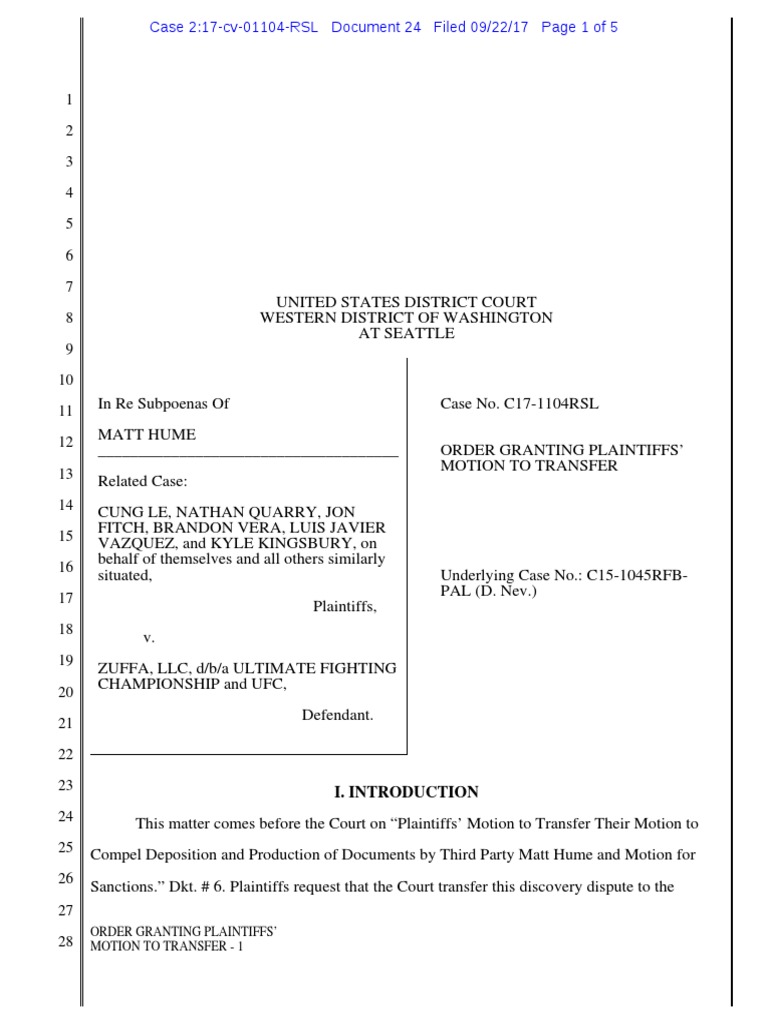 Order Granting Plaintiffs' Motion To Transfer | PDF | Discovery (Law ...