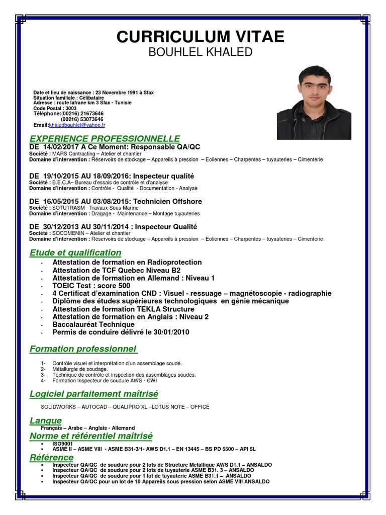 CV Professionnel de Soudeur et Inspecteur QA/QC | PDF | Soudage ...