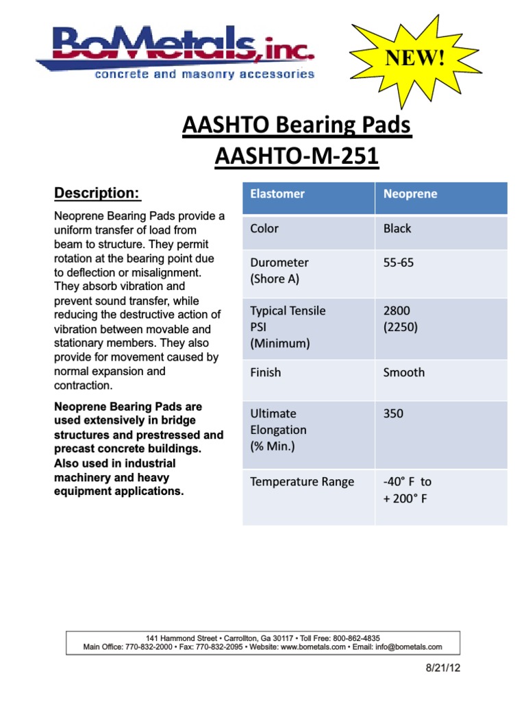 AASHTO Bearing Pads AASHTO M 251 Product Data 809254 | PDF