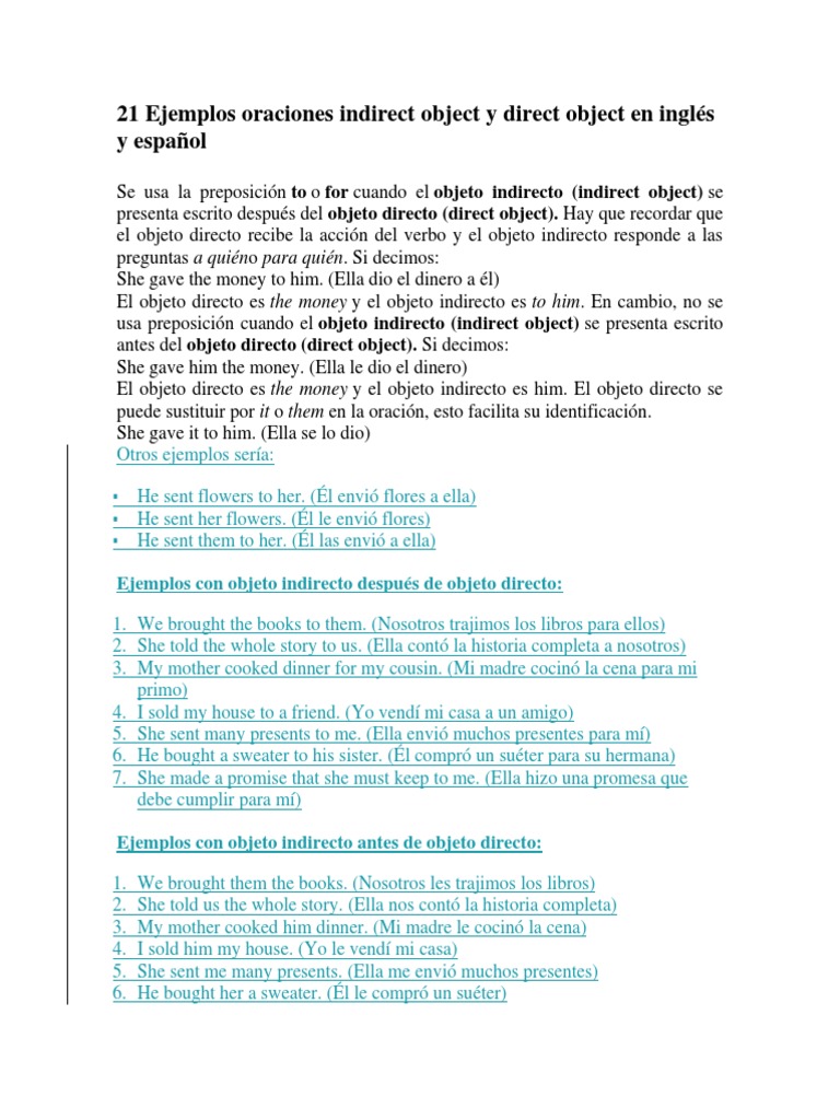 21 Ejemplos Oraciones Indirect Object y Direct Object en Inglés y ...