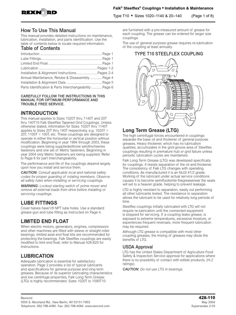 428 110 Falk Steelflex Type T10, Sizes 20 140,1020 1140 Grid Couplings ...
