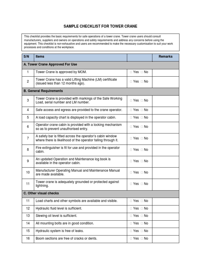 2 Tower Crane Checklist PDF | PDF | Crane (Machine) | Manufactured Goods