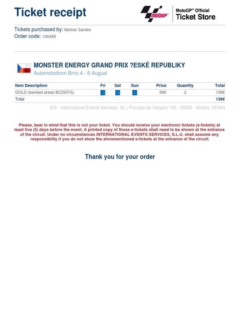 Ticket Receipt: Monster Energy Grand Prix ?eské Republiky | PDF