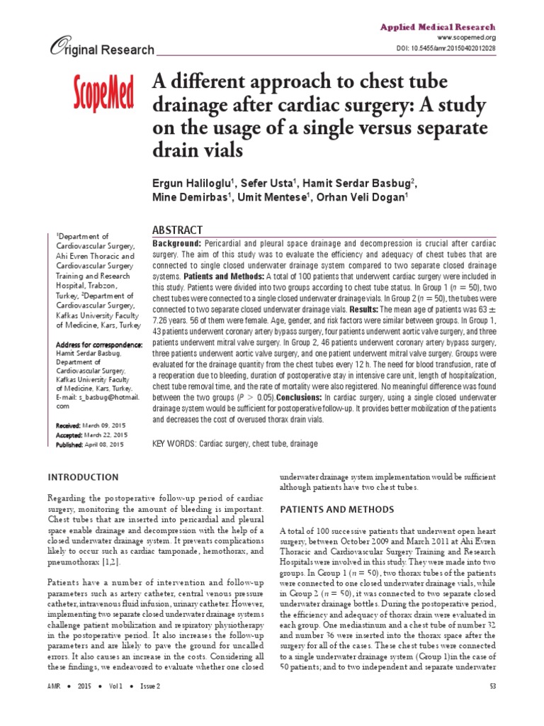 A Diff Erent Approach To Chest Tube Drainage After Cardiac Surgery: A ...