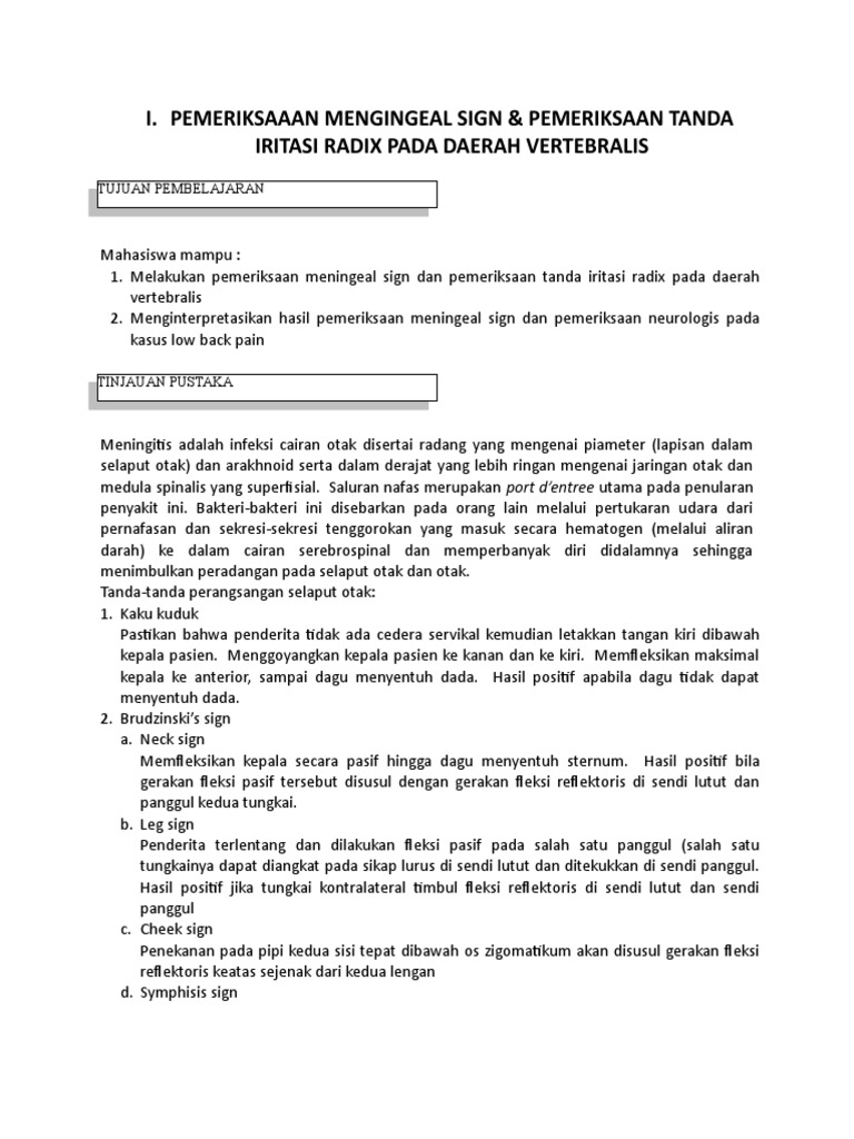 Materi PEMERIKSAAAN MENINGEAL SIGN & Iritasi Pada Radiks Vertebra | PDF