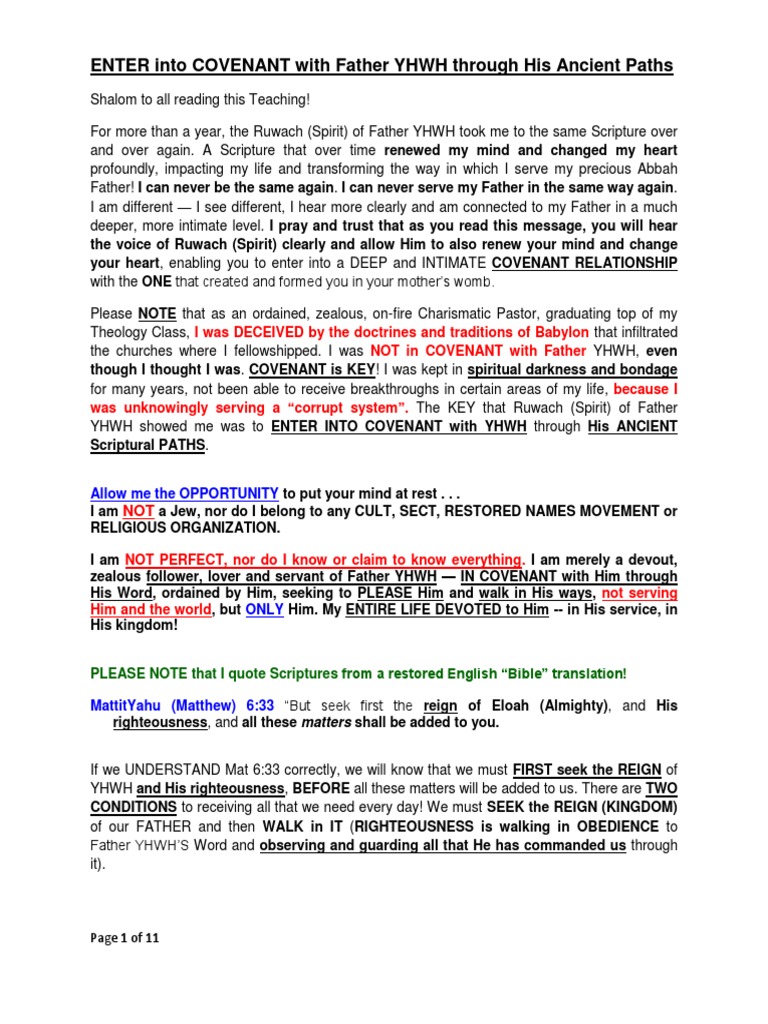 Covenant With Father Yhwh | PDF | Tetragrammaton | Names Of God In Judaism