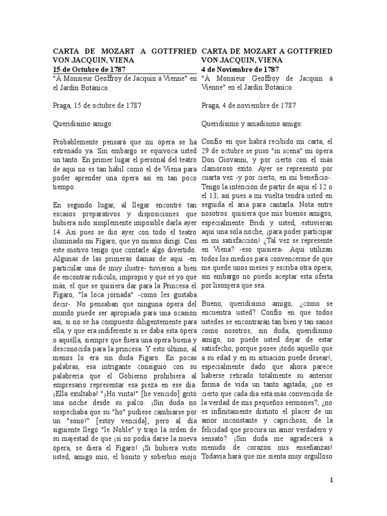 Cartas de Mozart A Gottfried Von Jacquin Sobre El Don Juan | PDF ...