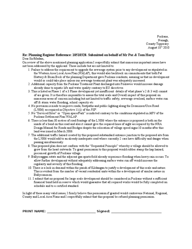 Sample Letter of Objection To Planning Reference Number 10510328 | PDF ...