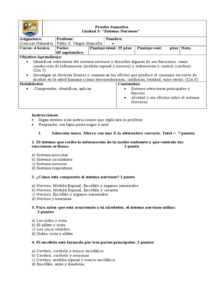 PRUEBA SIsT NERVIOSO 4 BASICO+ | PDF | Neurona | Cerebro PRUEBA SIsT NERVIOSO 4 BASICO+ | PDF | Neurona | Cerebro